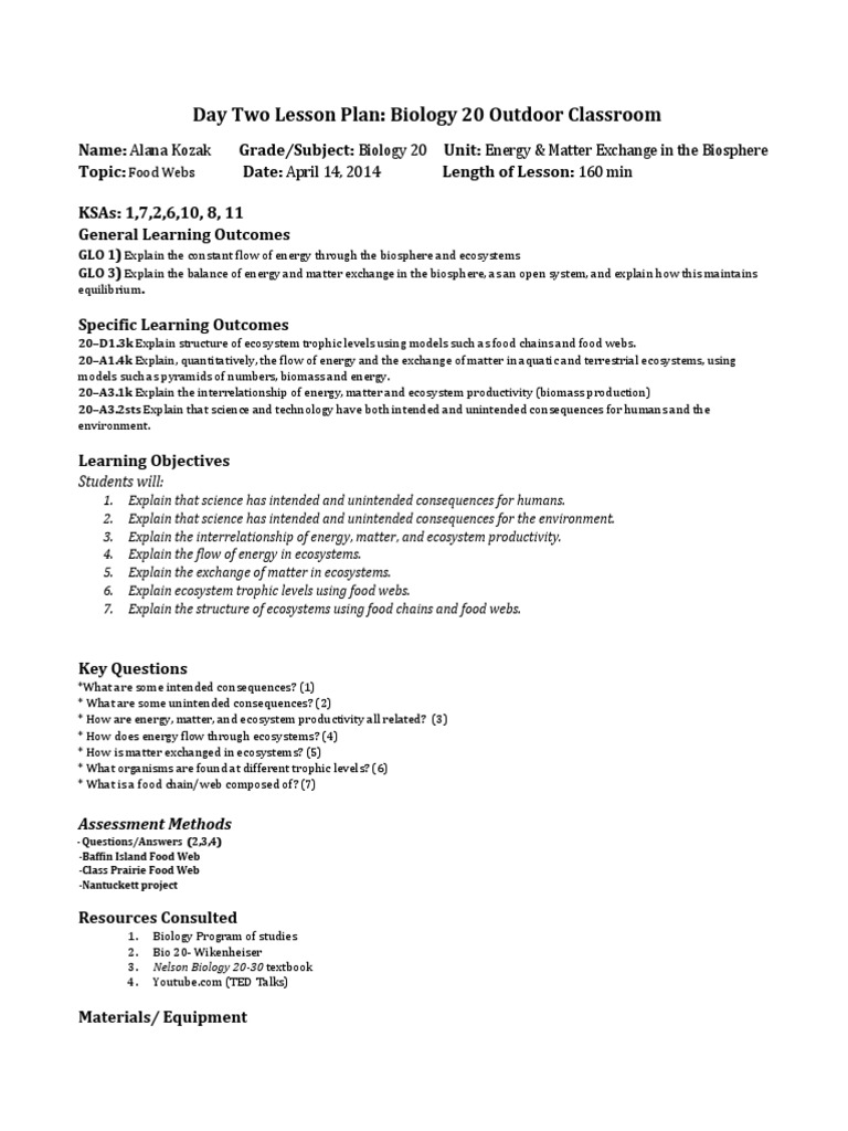 Day Two Lesson Plan | PDF | Food Web | Ecosystem