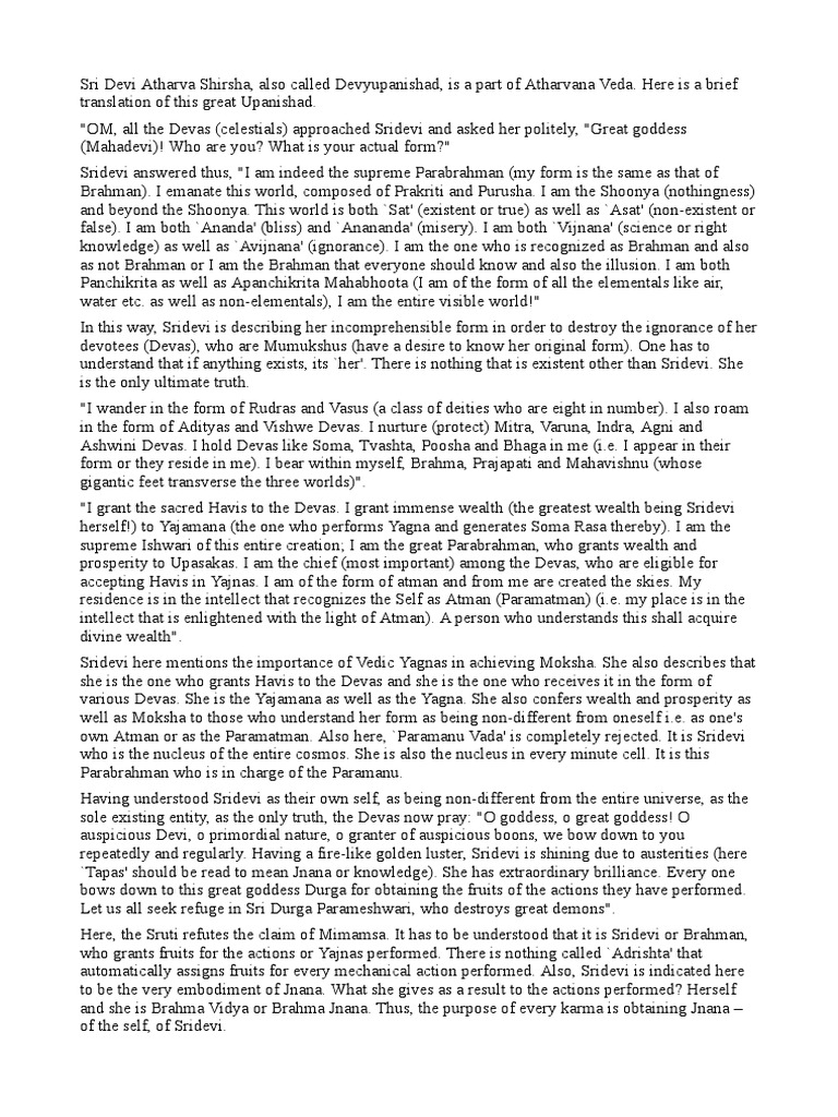 Sri Devi Atharva Shirsha Upanishad summarized | PDF | Devi | Brahman