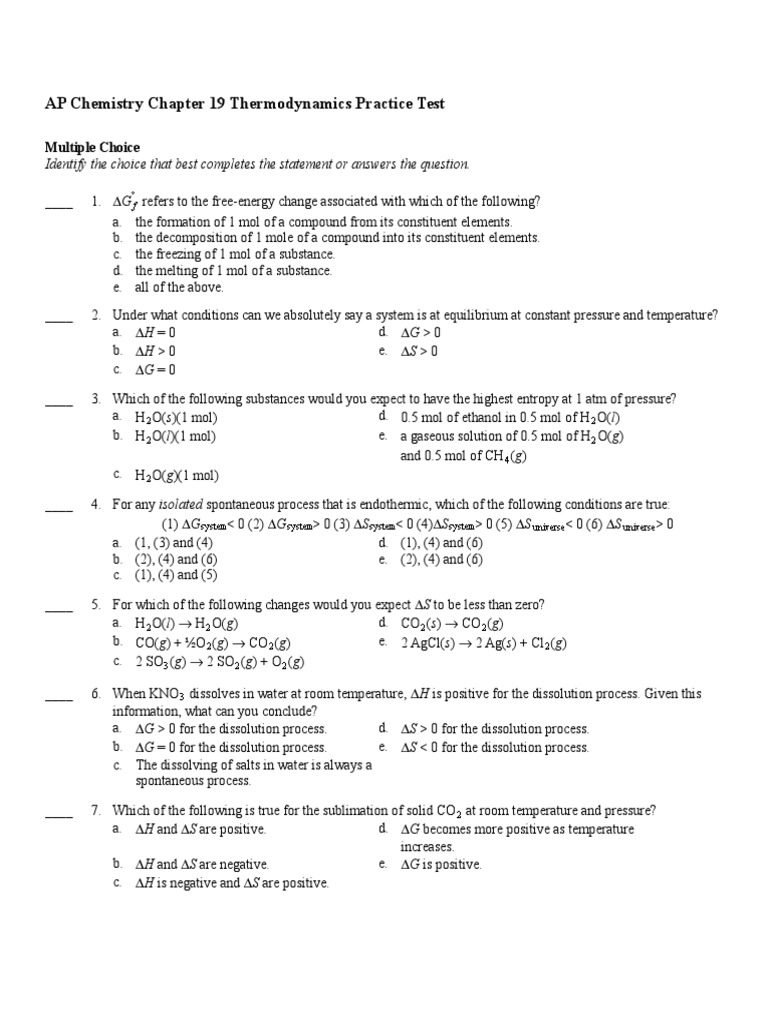 AP Chemistry Thermodynamics Test | PDF | Thermodynamic Equilibrium ...
