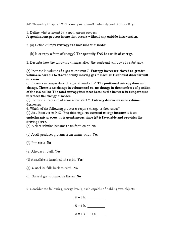 AP Chemistry Chapter 19 Thermodynamics - Spontaneity and Entropy Key ...