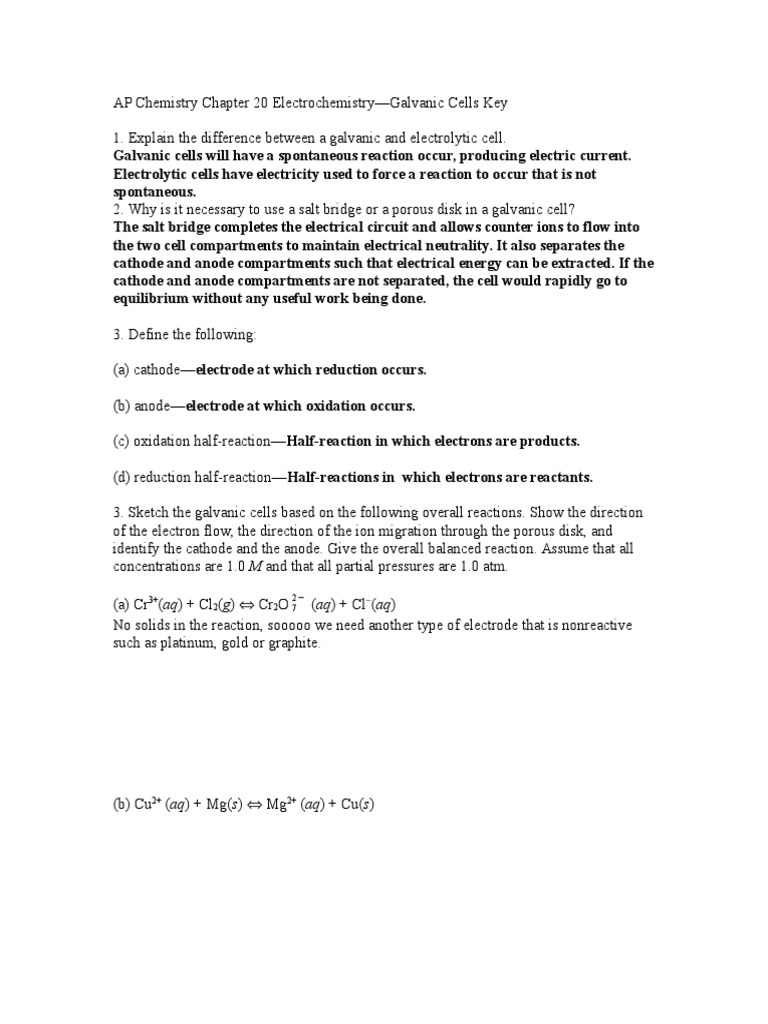 AP Chemistry Chapter 20 Electrochemistry - Galvanic Cells Key | PDF