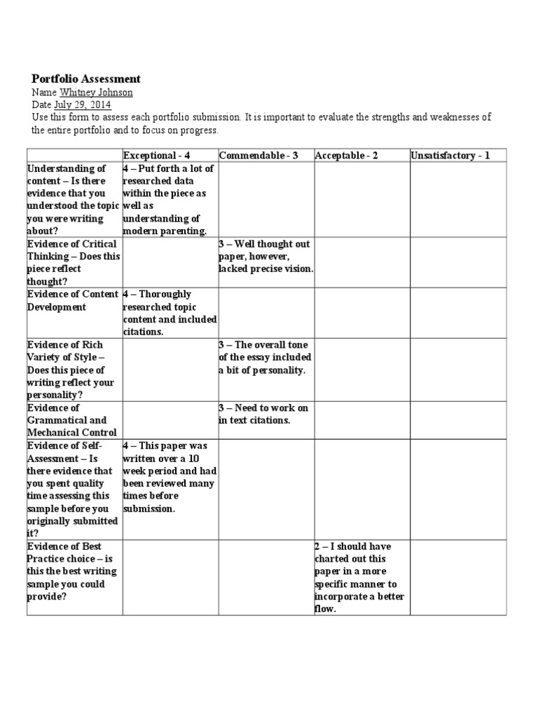 Portfolio Rubric - Psychology Final Paper | PDF