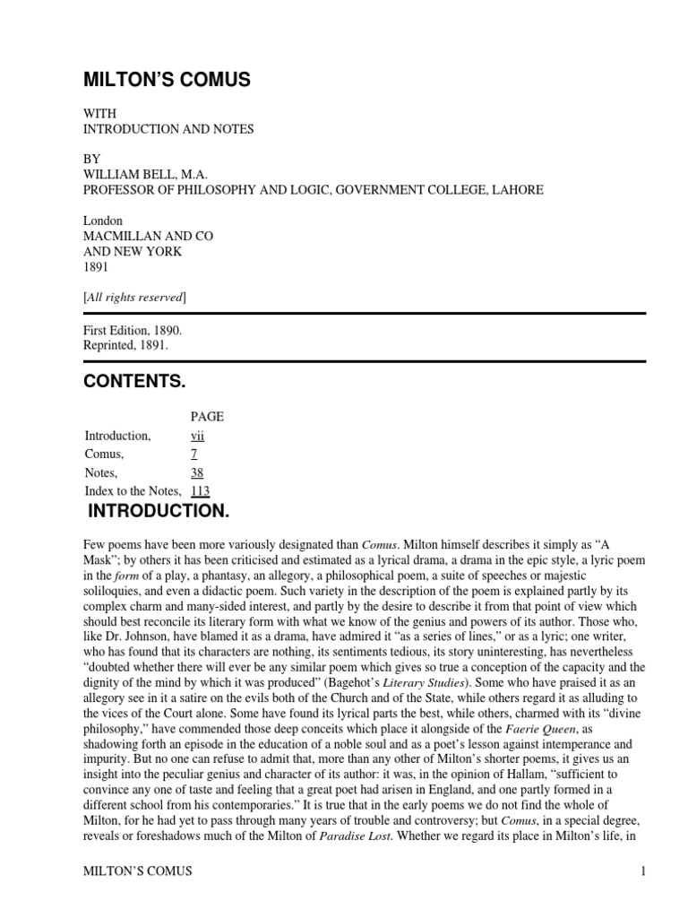 Milton's Comus by Milton, John, 1608-1674 | PDF | John Milton | The ...