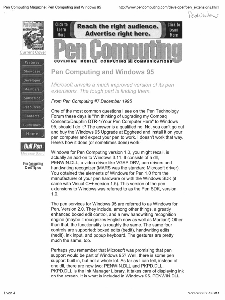 PenWindows95a Pen Computing and Windows 95 | PDF | Microsoft Windows ...