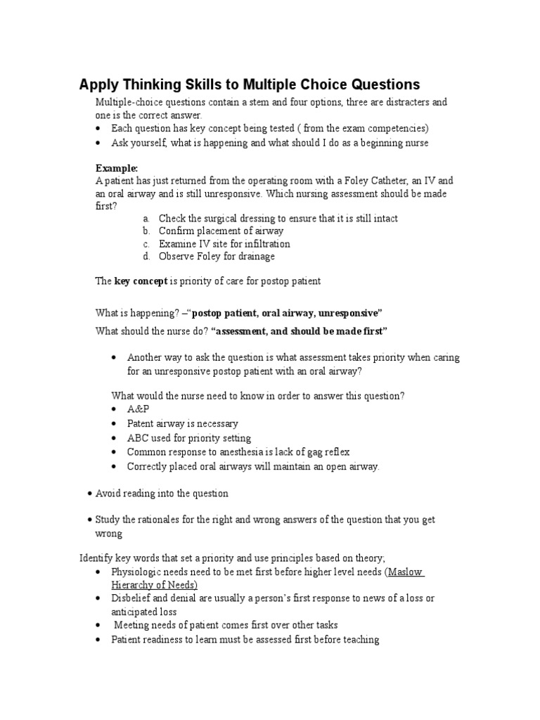 Apply Thinking Skills to Multiple Choice Questions: Example | Multiple ...