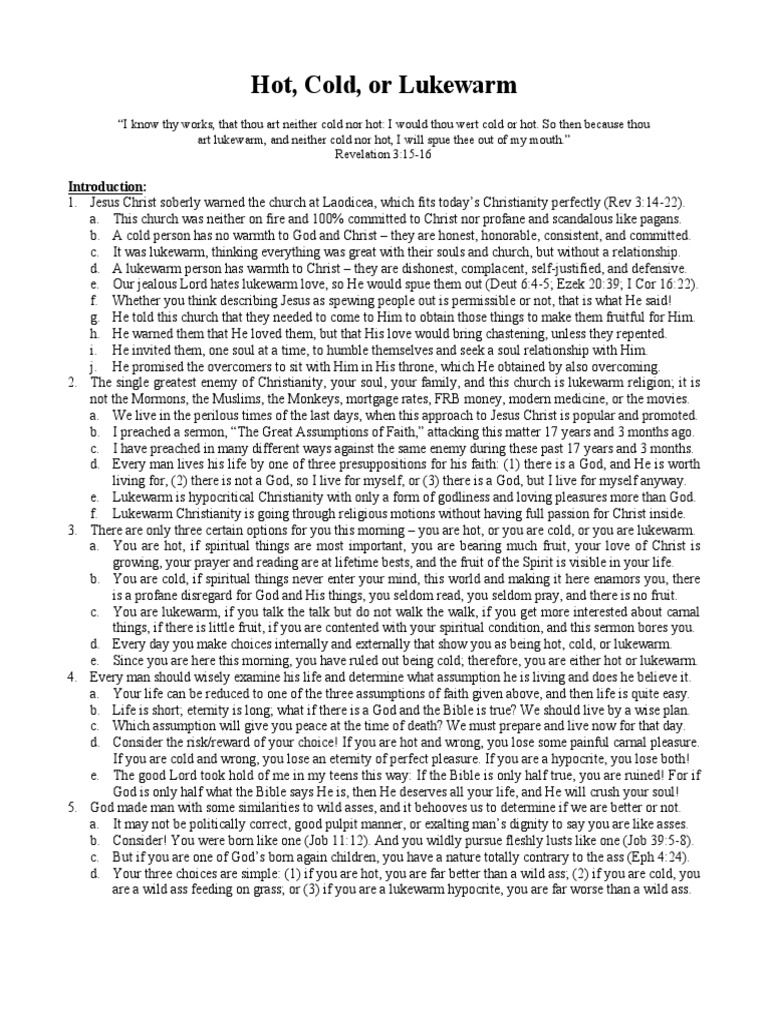 Hot, Cold, or Lukewarm | PDF | Jesus | God