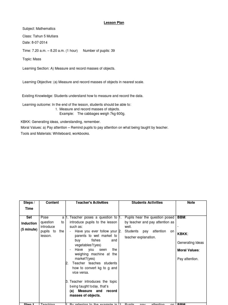 RPH - 1 (Measure and Record Masses of Objects) | PDF | Teachers ...