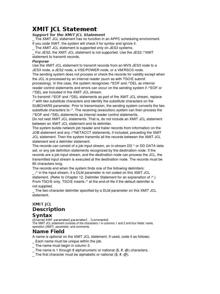 Support For The XMIT JCL Statement | Download Free PDF | Parameter (Computer Programming ...