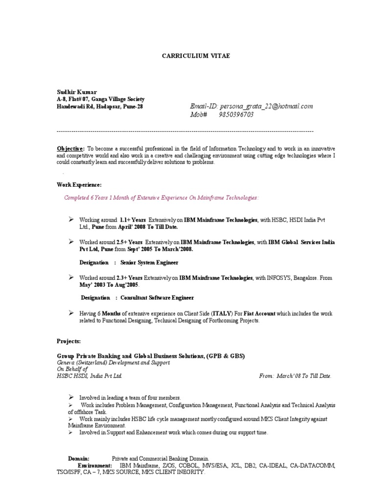 Sudhir Mainframe 6.1 Yrs HSBC Pune | PDF | Software Development | Computing