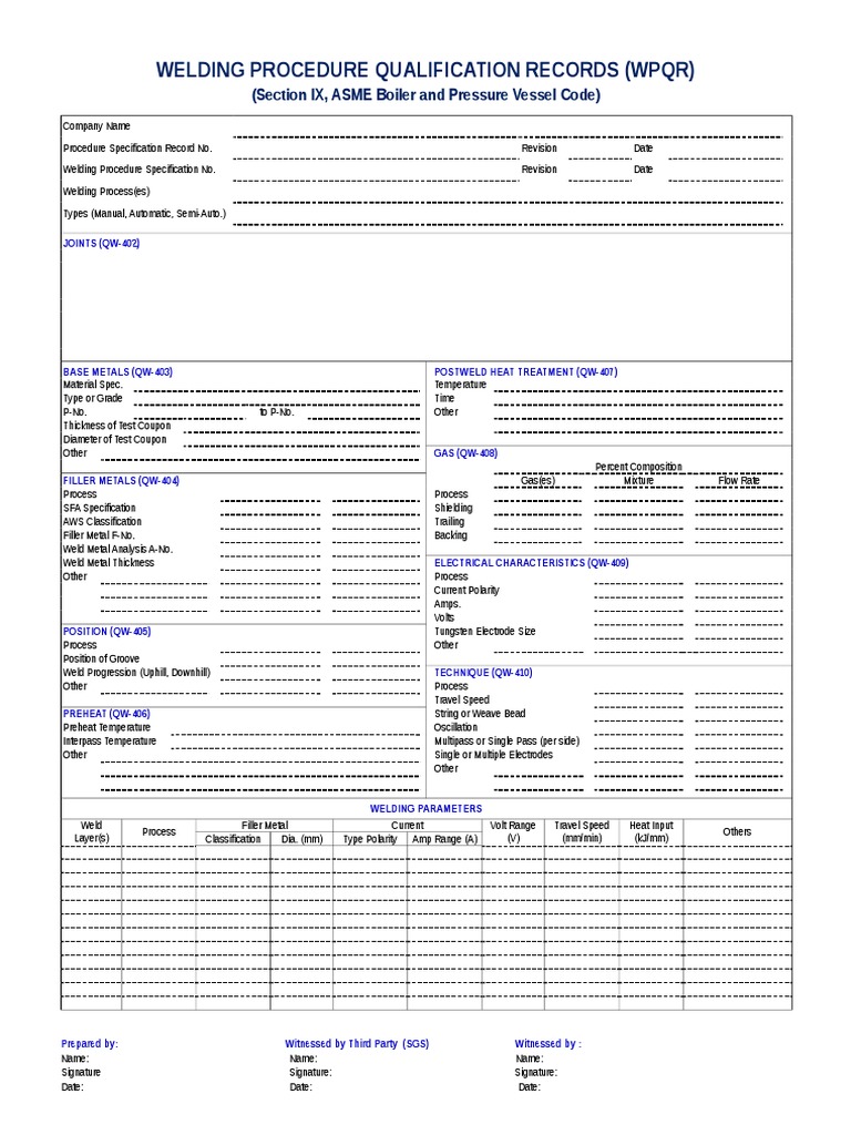 Welding Procedure Qualification Records (WPQR) : (Section IX, ASME ...
