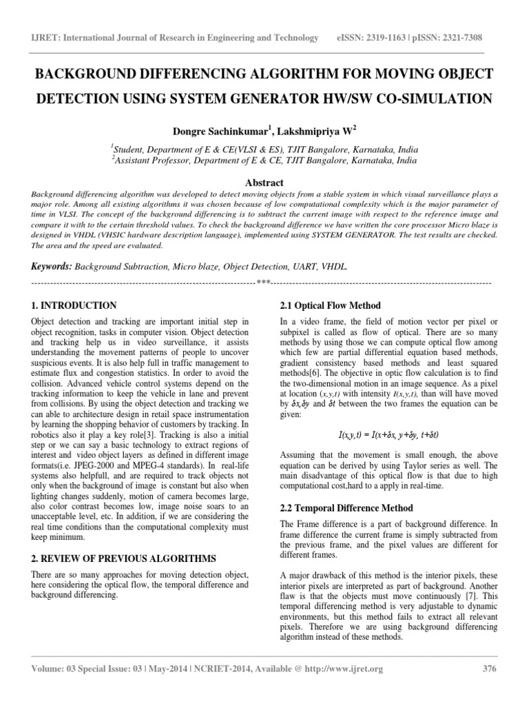 Background Differencing Algorithm For Moving Object Detection Using System Generator HWSW Co ...