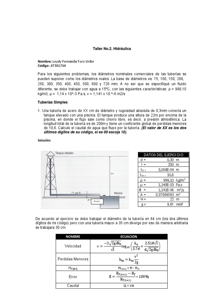 Taller 2 Hidraulica I - Leydy Toro | PDF | Materiales transparentes ...