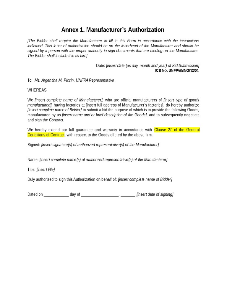 Manufacturer Authorization Form | PDF | Finance & Money Management