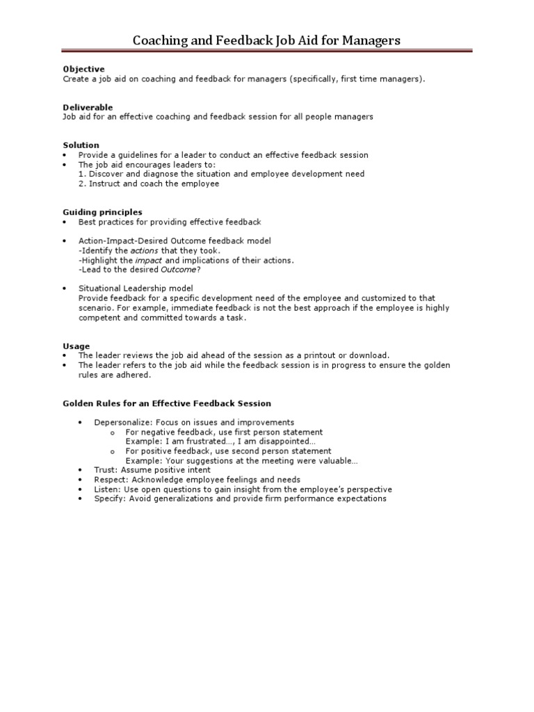 Coaching and Feedback Job Aid For Managers: Objective | PDF | Goal ...