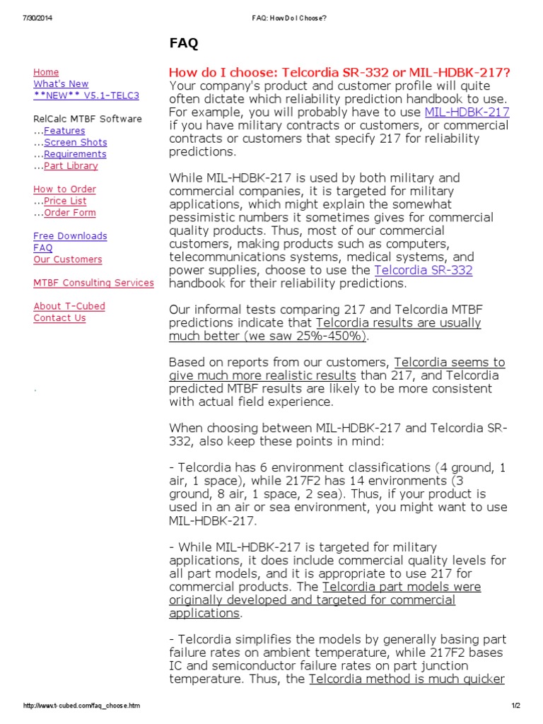 FAQ How Do I Choose TelcordiaSR332 Vs MIL-HDBK-217 | PDF | Reliability ...