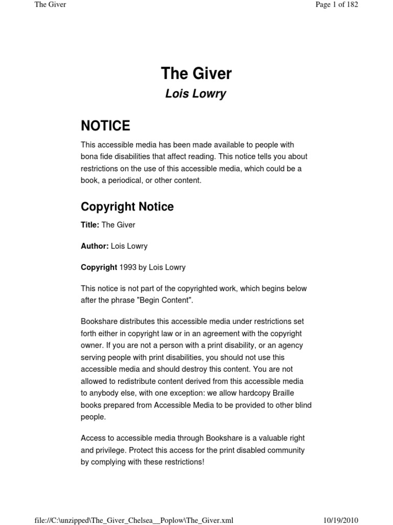 Full Text of The Giver | PDF | The Giver | Copyright