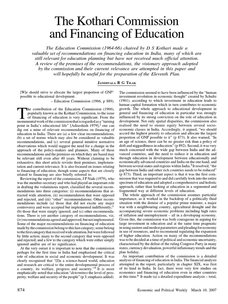 The Kothari Commission and Financing of Education | PDF | Economic ...