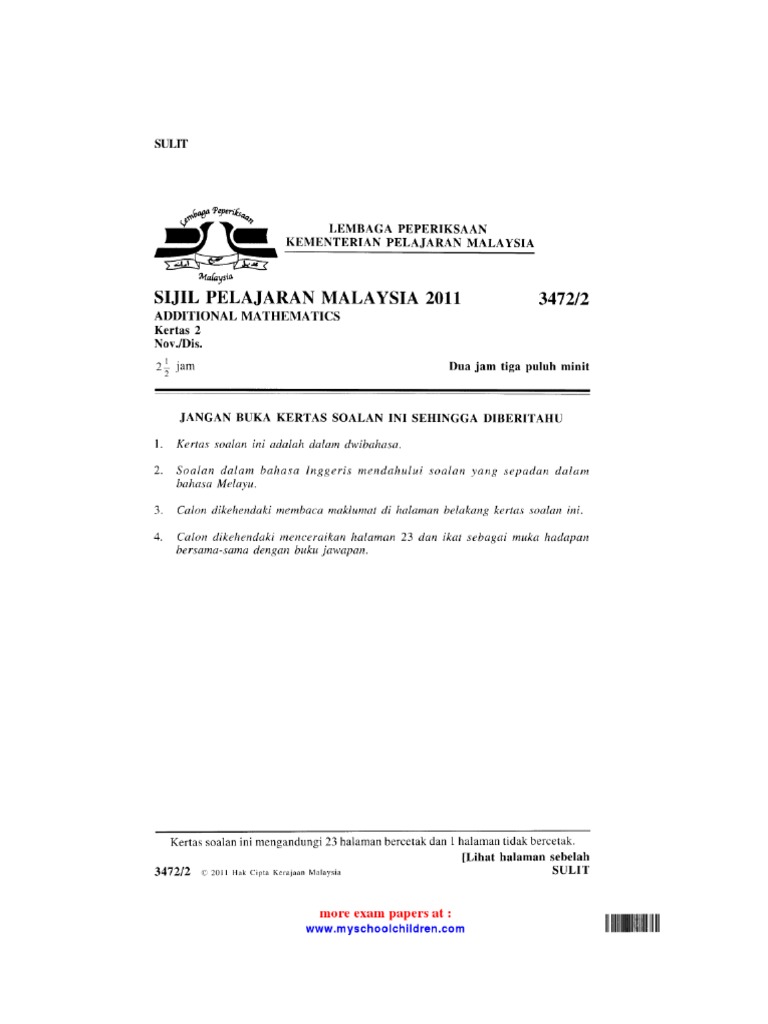 SPM Past Year Question 2011 (Add Maths Paper 2) | PDF | Foreign ...