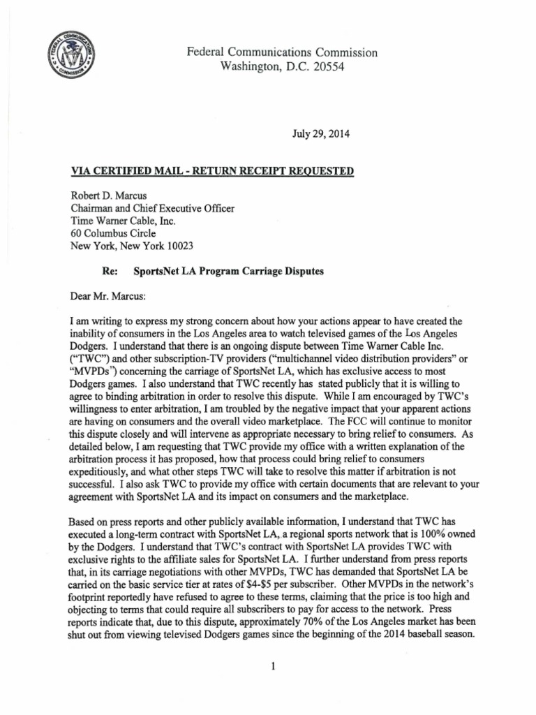FCC: Tom Wheeler Letter To TWC | PDF | Federal Communications ...