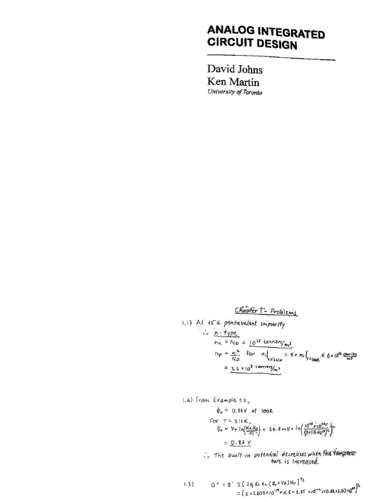 Analog Integrated Circuit Design Solutions Manual Johns Martin Pdf