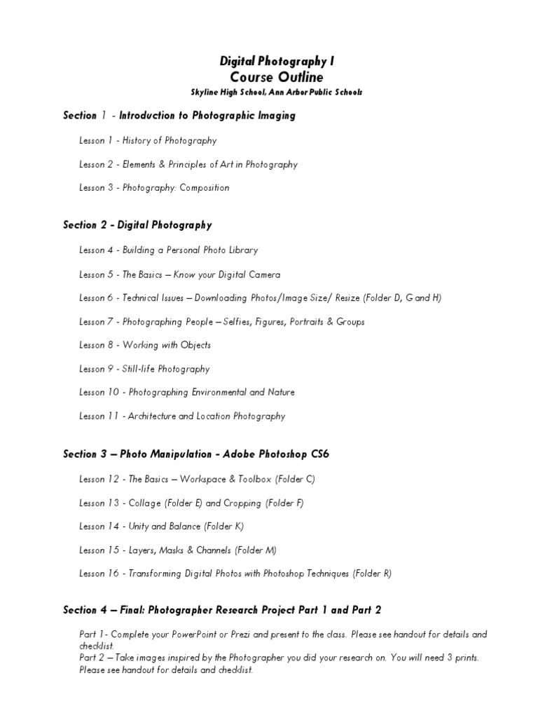 Digital Photography 1 Course Outline | PDF | Teaching Methods ...