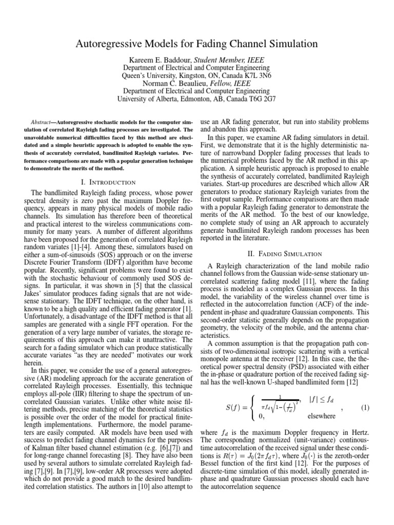 AR Models For Fading Channel Simulation | PDF | Autoregressive Model | Stationary Process