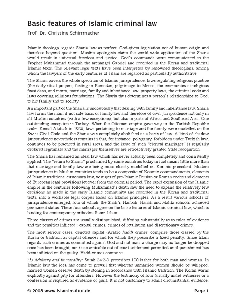 Basic Features of Islamic Criminal Law | PDF | Sharia | Capital Punishment