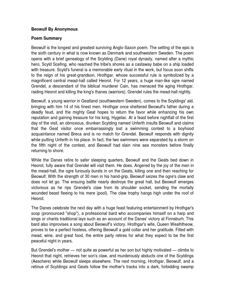 Beowulf by Anonymous Summary | PDF | Beowulf | English Legendary Characters