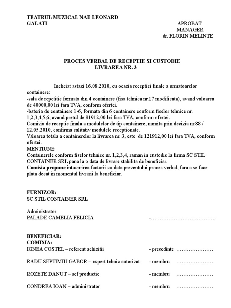 Proces Verbal Receptie 3-Custodie | PDF