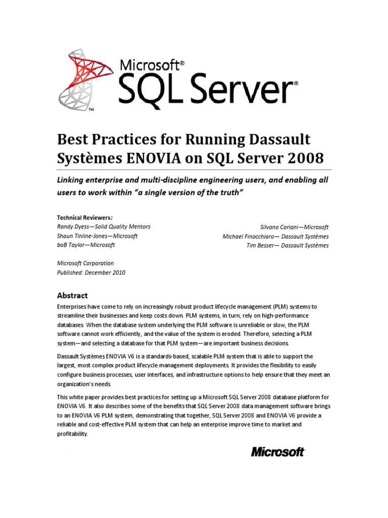 Best Practices For Running Dassault Systèmes Enovia On Sql Server 2008 Pdf Microsoft Sql 