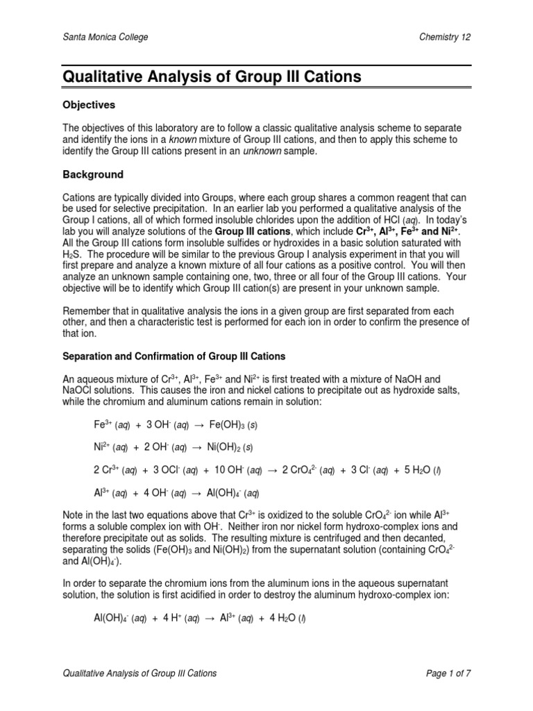 Qualitative Analysis of Group III Cations | PDF | Precipitation ...