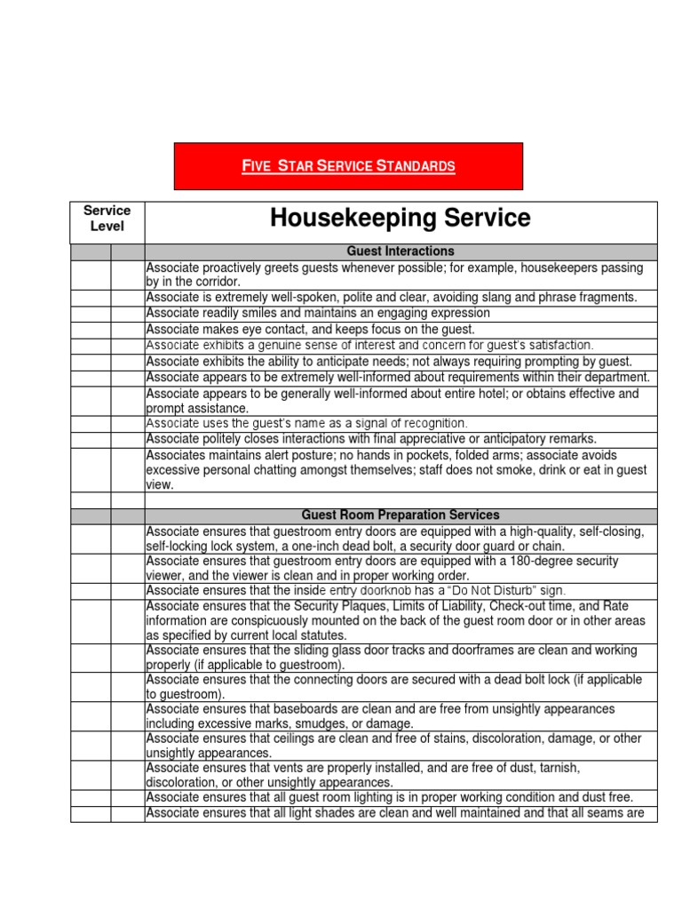 5 Star Service Standards - Housekeeping | PDF | Bathroom | Shower