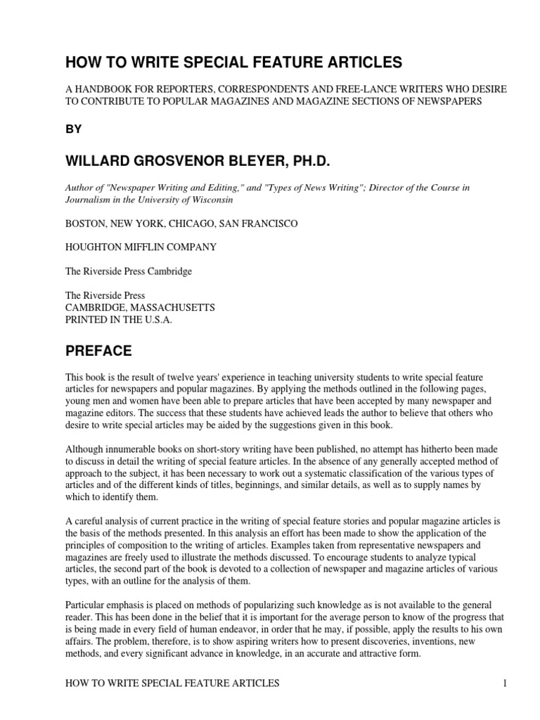 How To Write Special Feature Articles: Willard Grosvenor Bleyer, PH.D ...