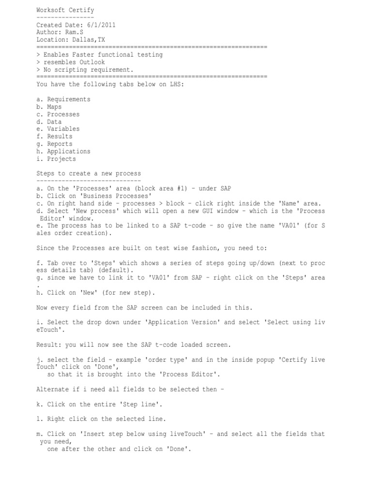 Worksoft Certify Test Process Steps | PDF | Sap Se | Tab (Gui)
