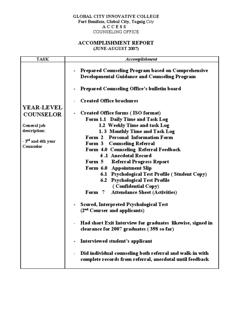ACCOMPLISHMENT REPORT JUNE AUGUST School Counselor Psychological