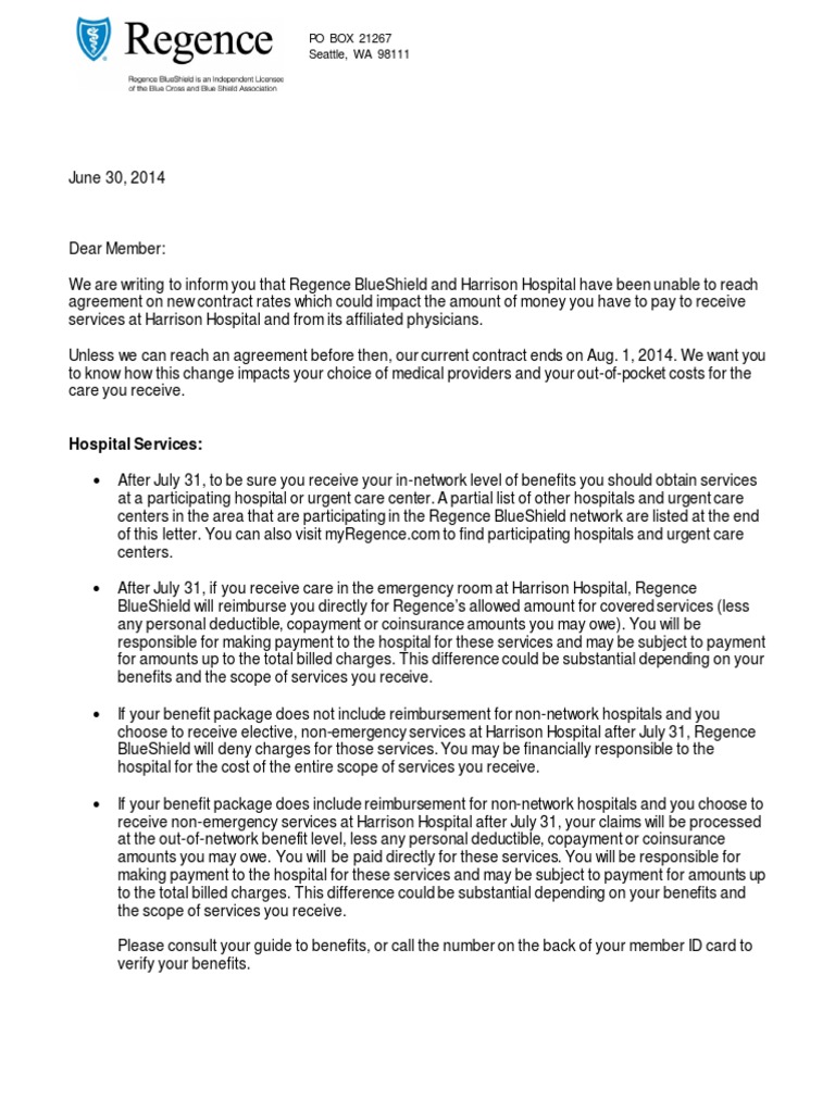 Regence Letter | PDF | Hospital | Health Care