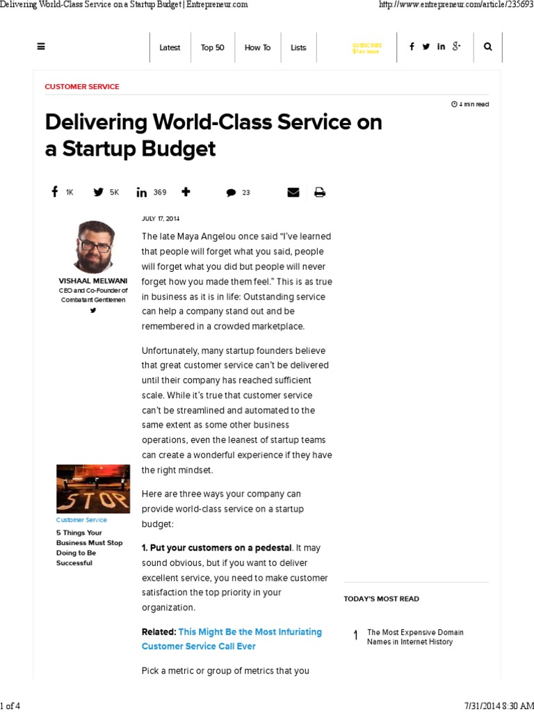 Delivering World-Class Service On A Startup Budget - Entrepreneur | PDF ...