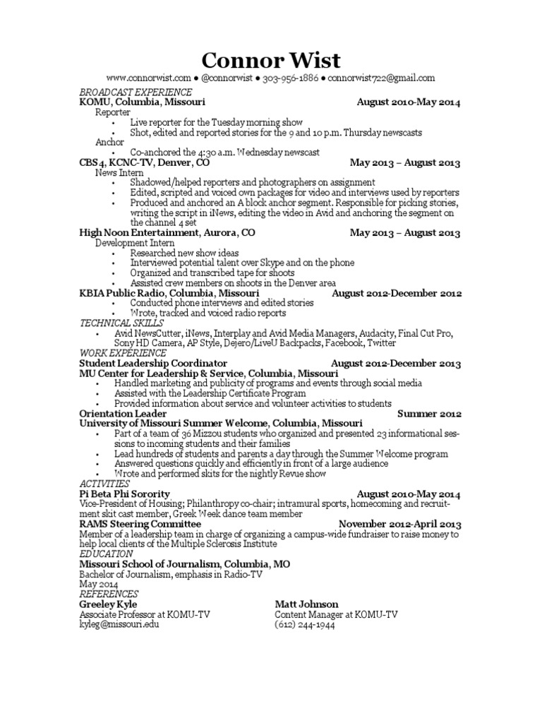 Connor Wist Resume | PDF | Mass Media | Television