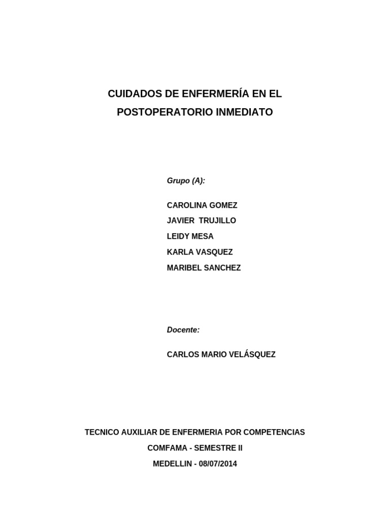 Cuidados de Enfermería en El Postoperatorio Inmediato | PDF | Cirugía ...