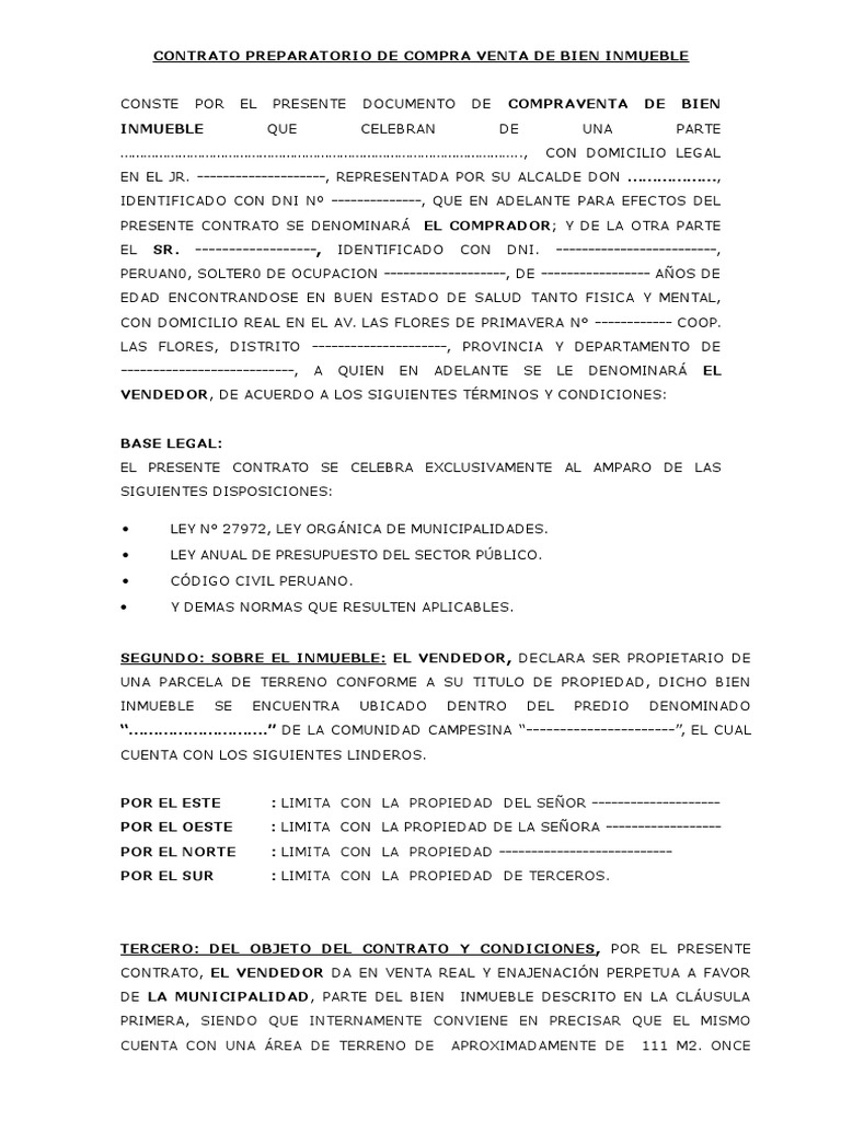 Contrato Preparatorio de Compra Venta de Terreno | PDF | Negocios | Derecho