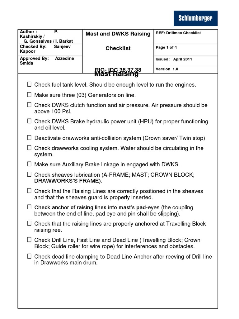 Mast and Dwks Raising Checklist | PDF | Machines | Manufactured Goods