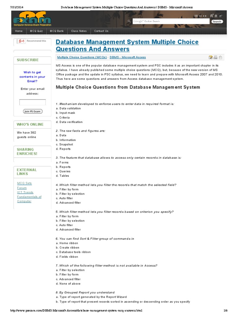 Database Management System Multiple Choice Questions And Answers Dbms Microsoft Access Pdf