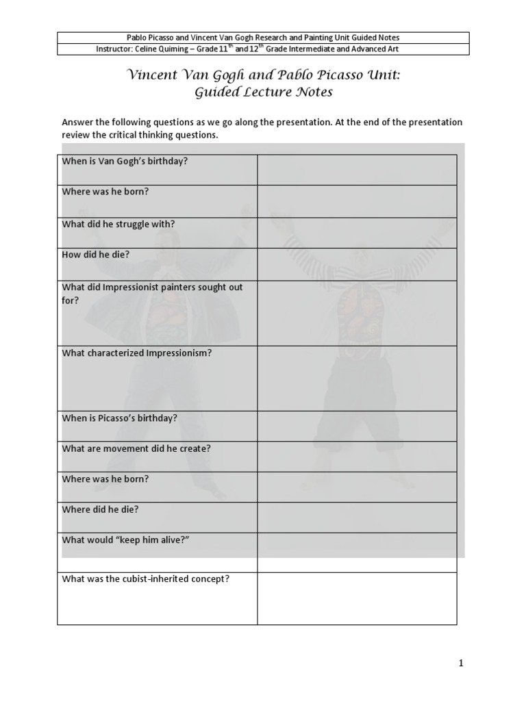 Van Gogh and Picasso Guided Notes | PDF | Pablo Picasso | Paintings