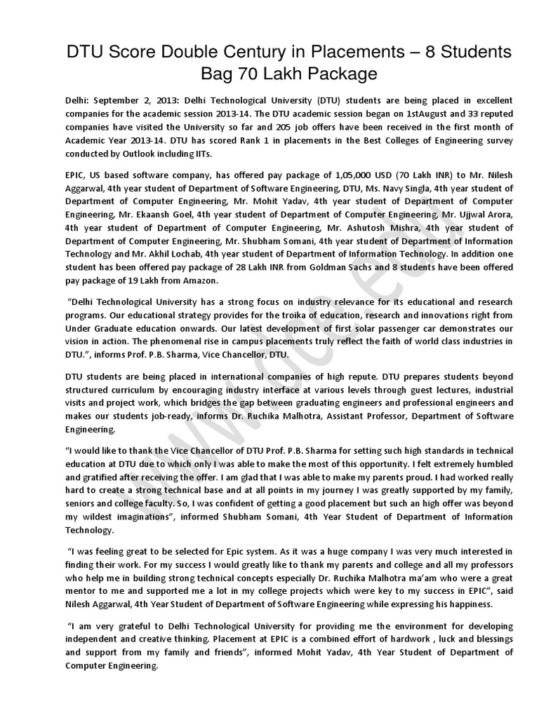 DTU Score Double Century in Placements | PDF | Computing And ...