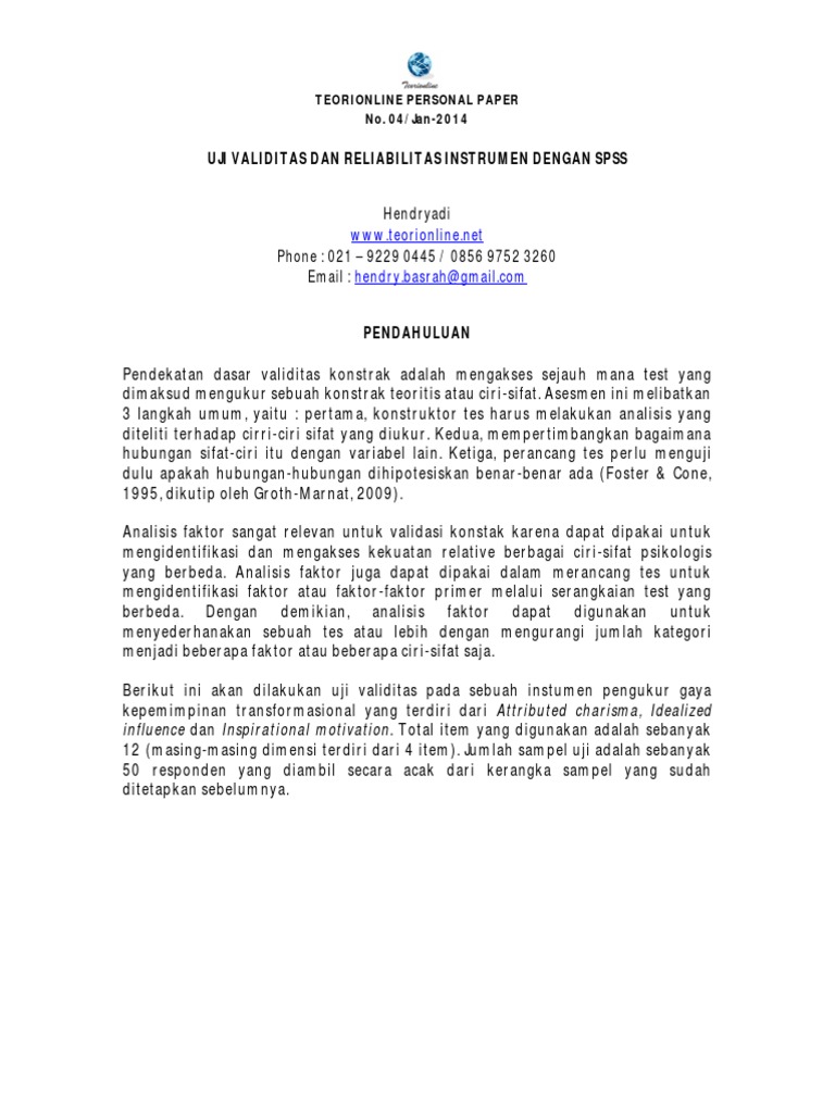 Contoh Uji Validitas Dan Reliabilitas Dengan SPSS | PDF