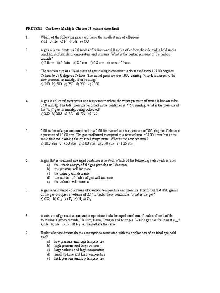 Chemistry-Gas Laws Multiple Choice | PDF | Gases | Temperature