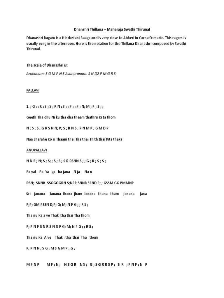 Dhanshri Thillana by Swathi Thirunal | PDF