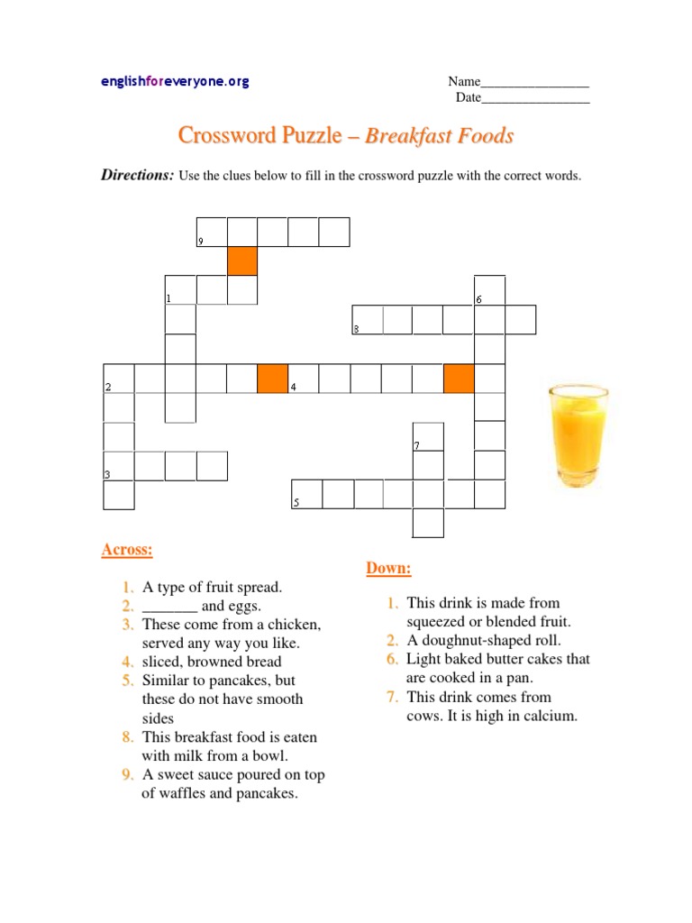 Breakfast Foods Crossword Puzzle | PDF