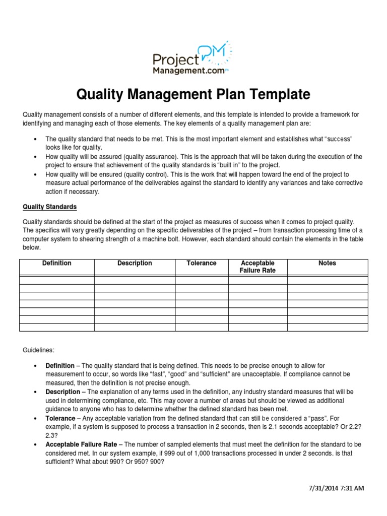 Quality Management Plan Template | PDF | Quality Assurance | Quality ...