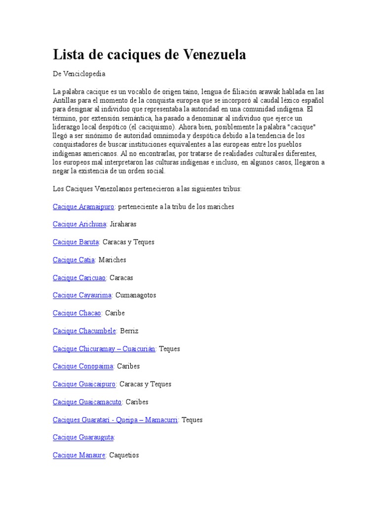 Caciques de Venezuela: Lista y Lucha | PDF | Conquistador | España